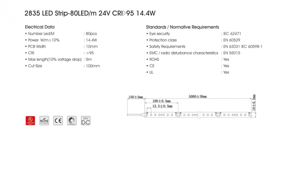 2835 80LED/m 24V CRI95 LED Strip - COOLIGHT