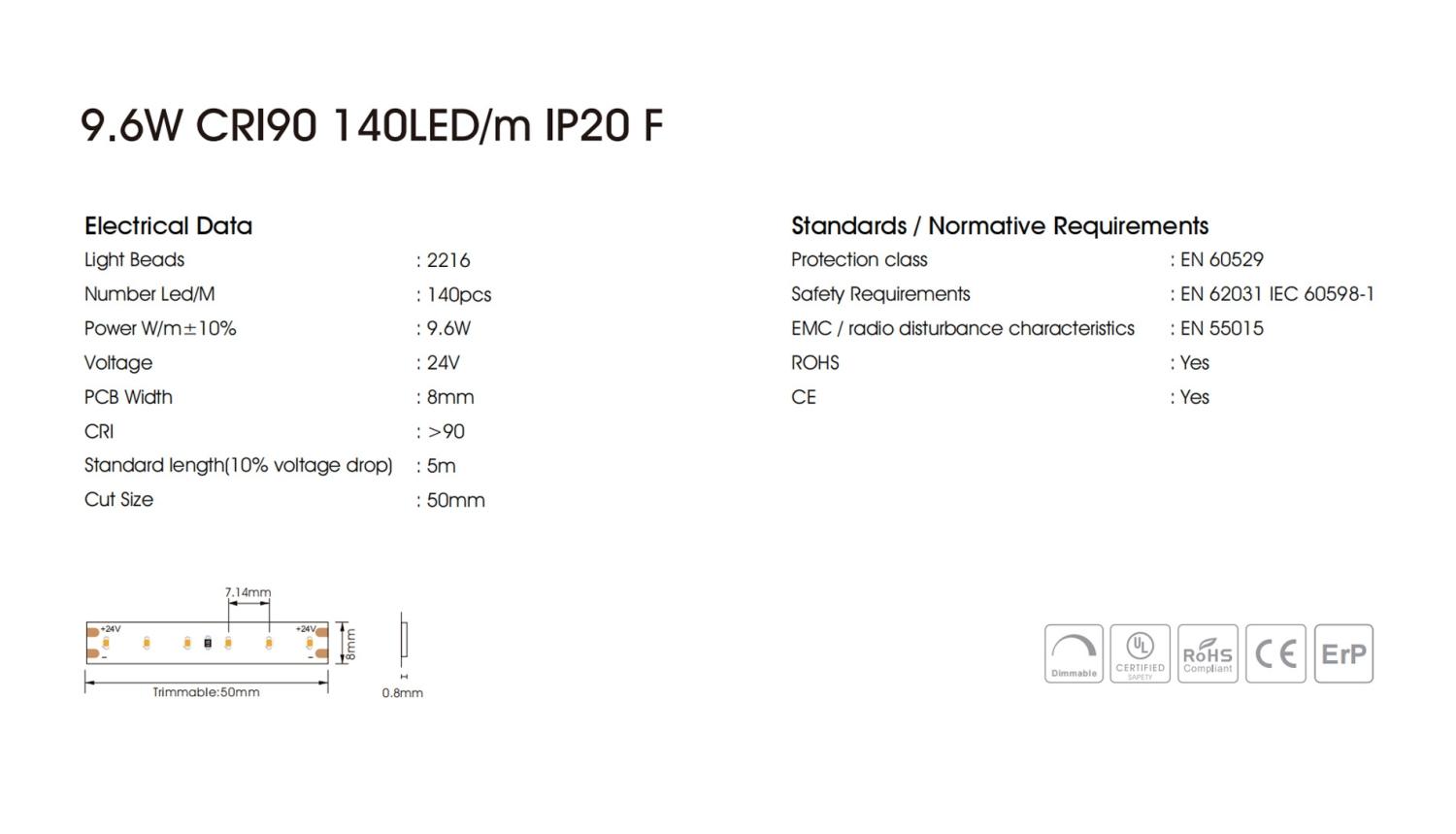 9.6W CRI90 140LED/m IP20 F - COOLIGHT
